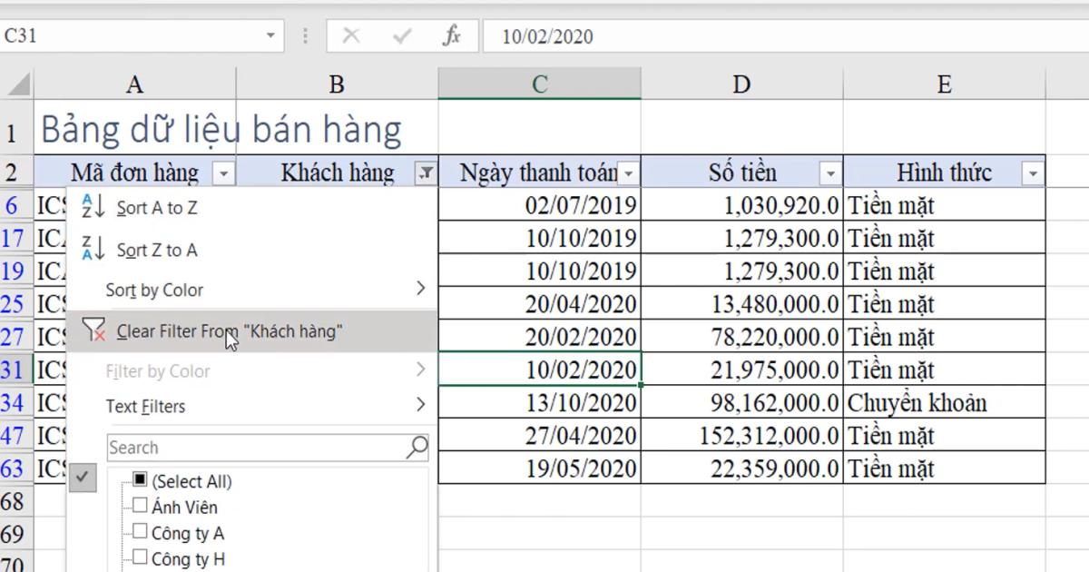 Cách lọc dữ liệu trong Excel - Phần 1