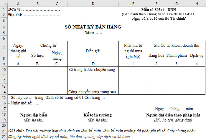 Chia sẻ mẫu sổ nhật ký bán hàng trên Excel theo TT133