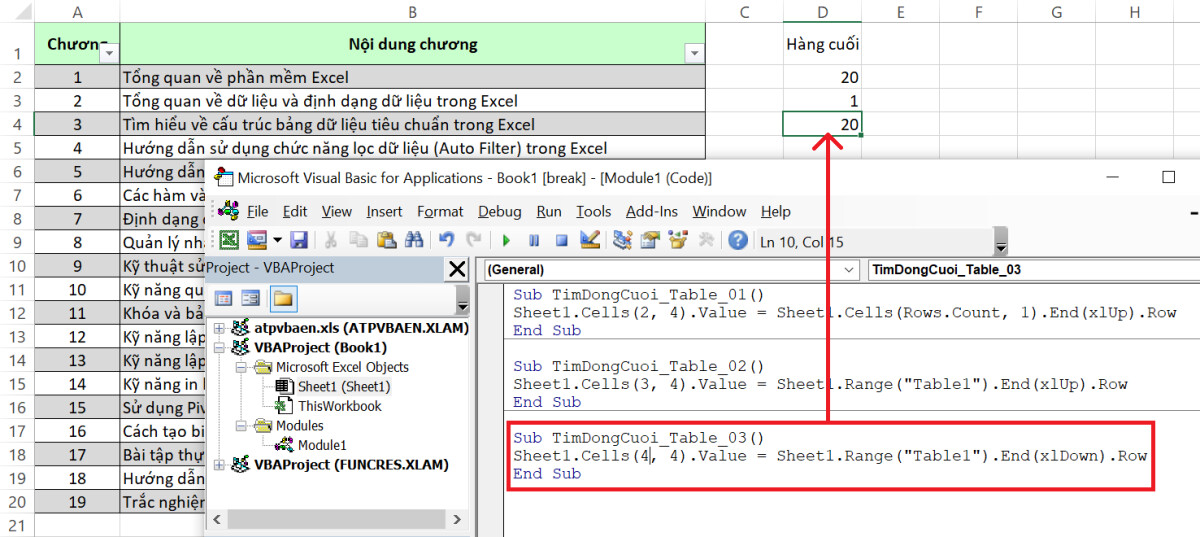 Hướng dẫn cách tìm dòng cuối trong VBA cho dữ liệu bảng Excel