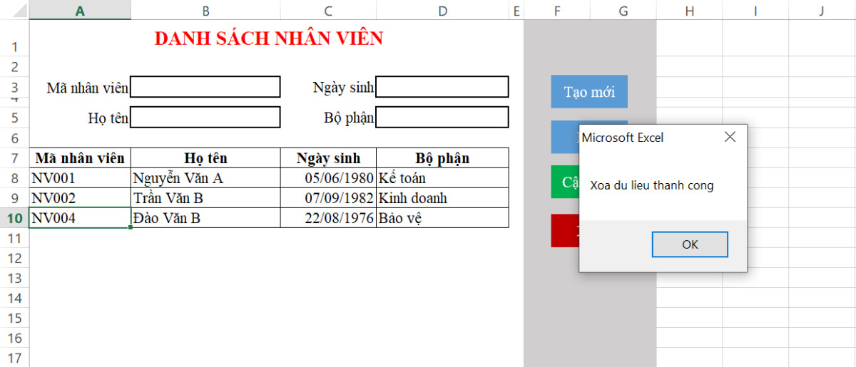 Hướng dẫn xóa dữ liệu Excel trong bảng danh sách bằng lệnh VBA
