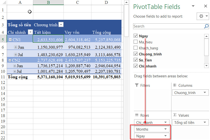Cách lập báo cáo bằng Pivot Table trong Excel khi không có cột tháng