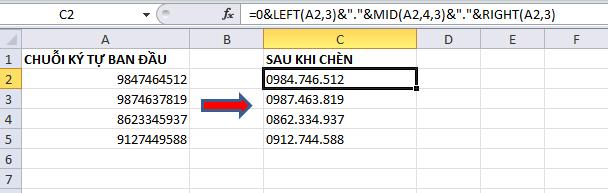 Cách thêm, chèn ký tự vào giữa các chuỗi dữ liệu trong Excel