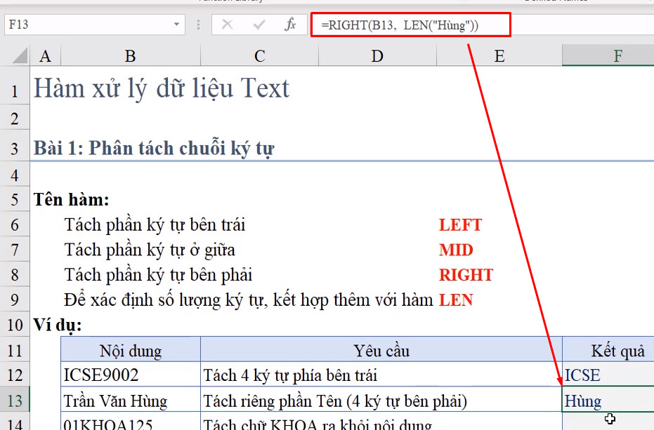 Hướng dẫn cách dùng 3 hàm phân tách chuỗi ký tự trong Excel