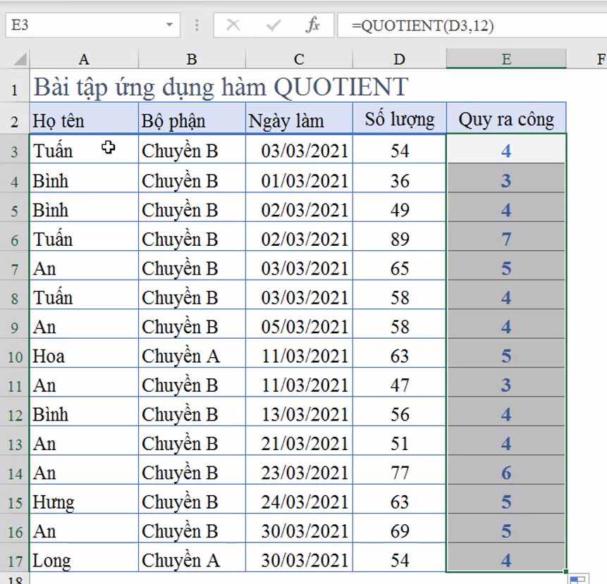 Cách dùng hàm QUOTIENT trong Excel tính phần nguyên của phép chia