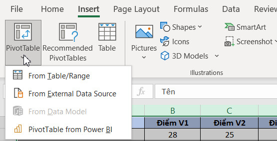 Pivot Table trong Excel và các thẻ chức năng riêng trên thanh công cụ