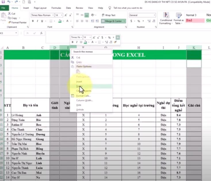 Hướng dẫn cách xóa cột, gộp cột trong Excel chi tiết