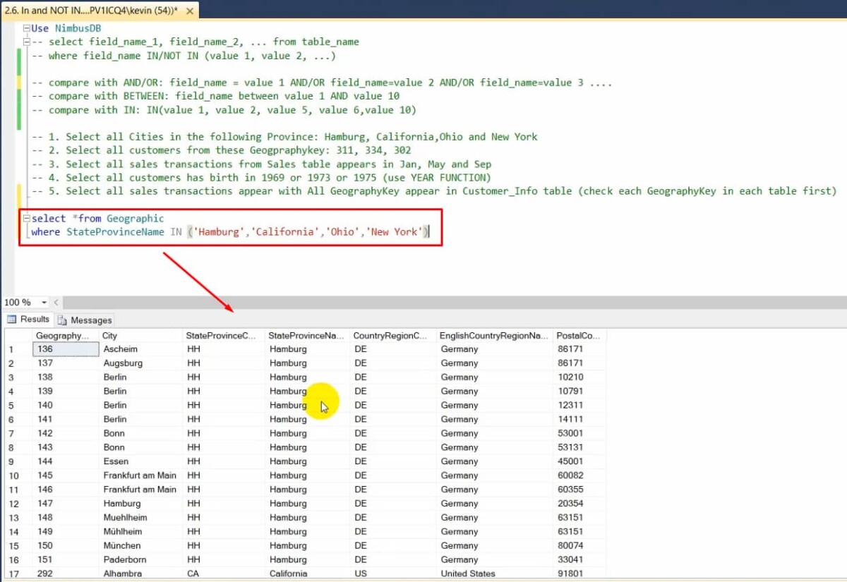 Cách dùng toán tử IN và NOT IN trong SQL, kèm ví dụ thực tế