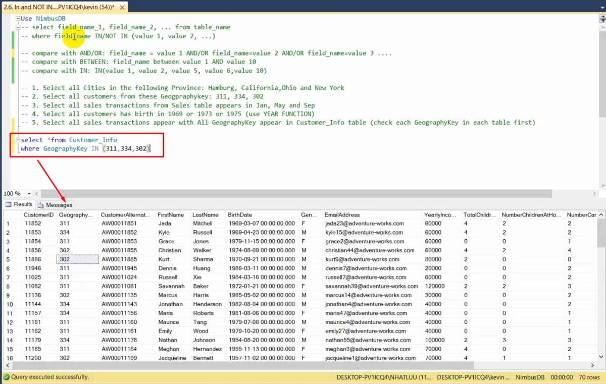 Cách dùng toán tử IN và NOT IN trong SQL, kèm ví dụ thực tế