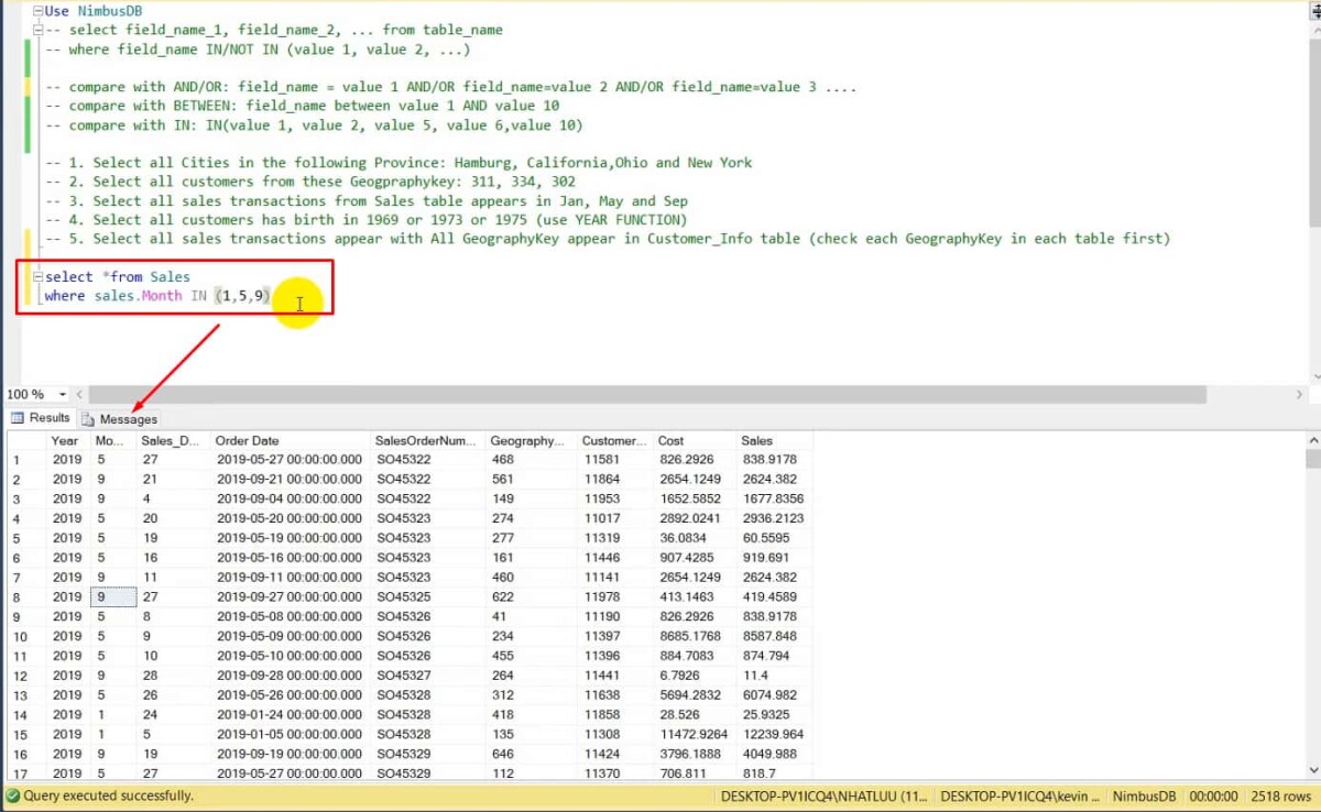 Cách dùng toán tử IN và NOT IN trong SQL, kèm ví dụ thực tế