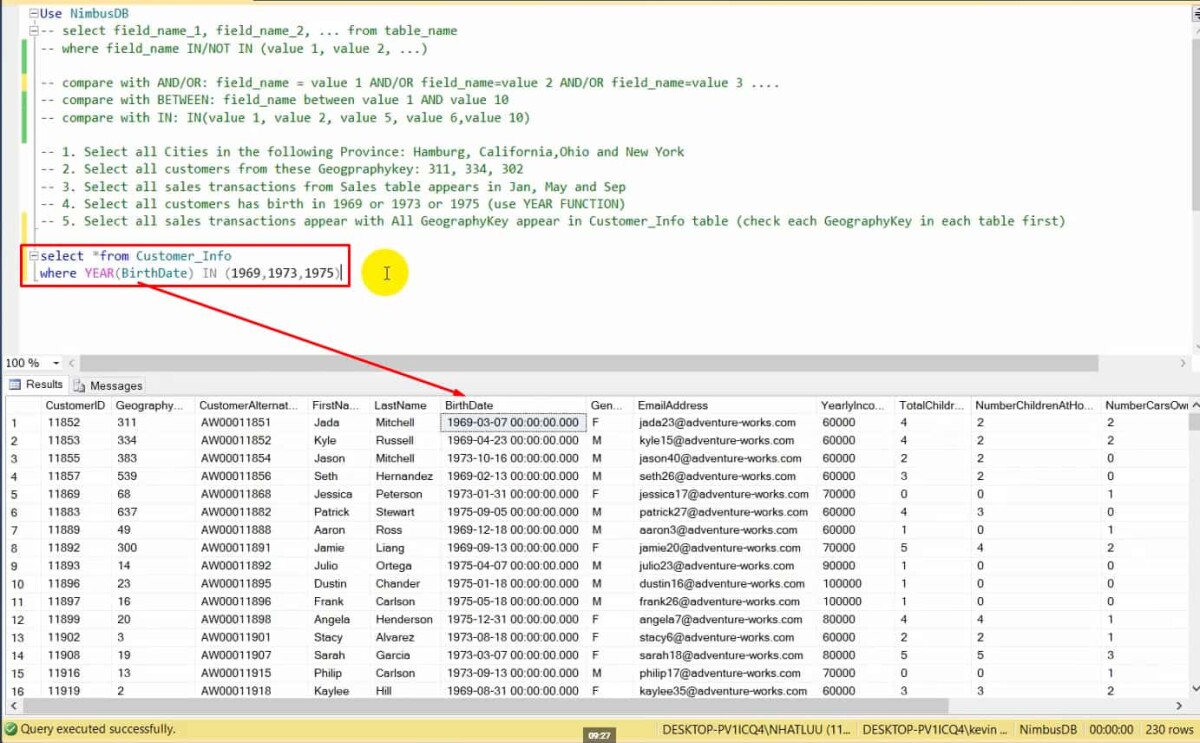 Cách dùng toán tử IN và NOT IN trong SQL, kèm ví dụ thực tế