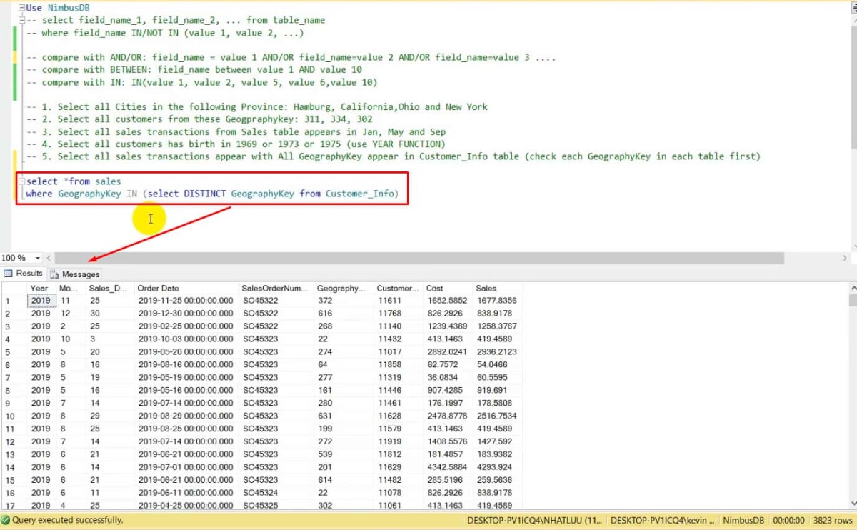 Cách dùng toán tử IN và NOT IN trong SQL, kèm ví dụ thực tế