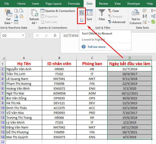 Cách sắp xếp bảng tính tăng dần, giảm dần trong Excel