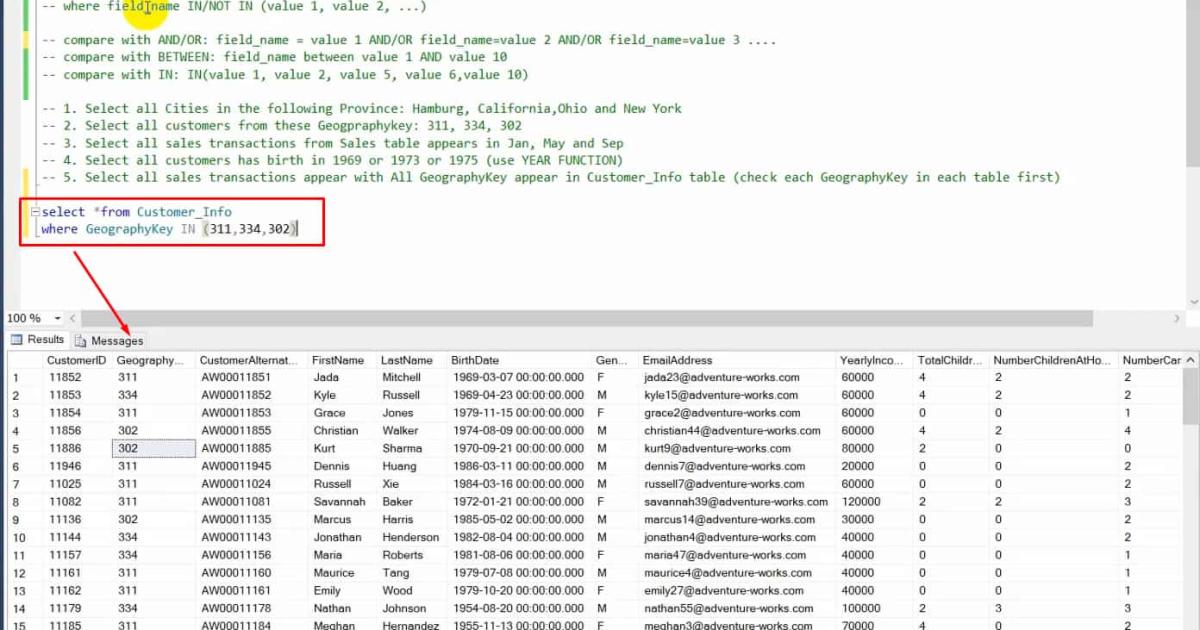 Cách dùng toán tử IN và NOT IN trong SQL, kèm ví dụ thực tế