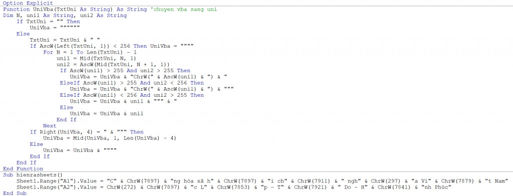 Unicode tiếng việt khi viết trong VBA