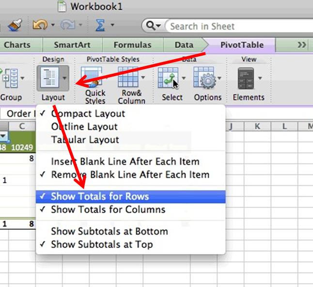 Cách xóa cột/dòng Grand Totals của PivotTable trên Macbook